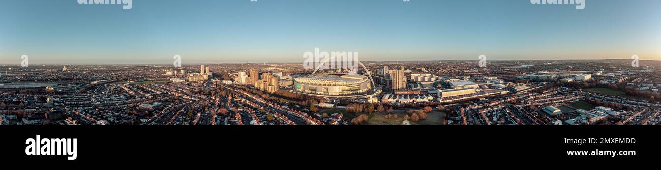 A panoramic shot of the Wembley Stadium at sunrise in London, the ...