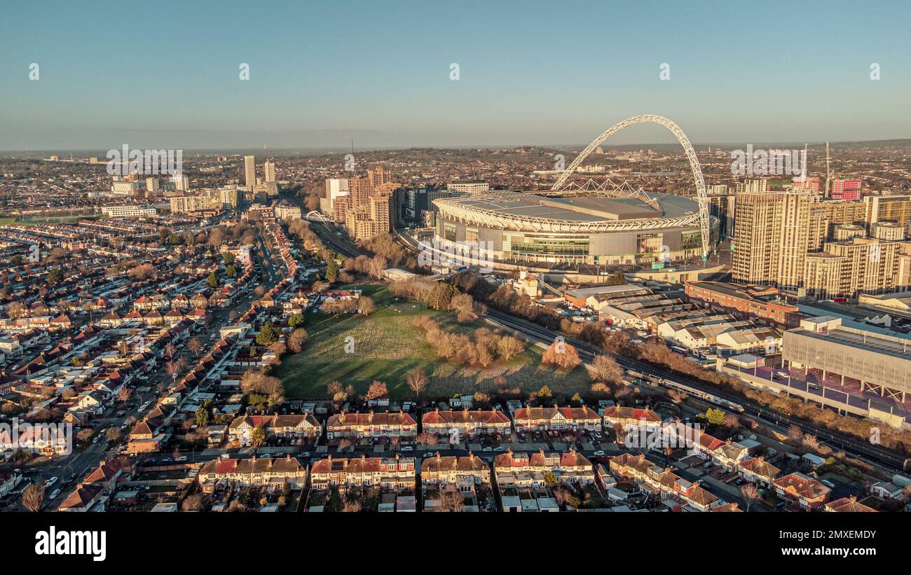 An aerial view of Wembley Stadium and Sherrans Farm Open Space in ...