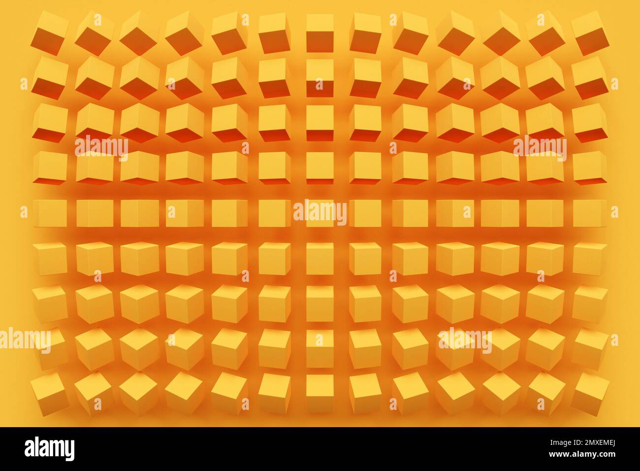 3D illustration volumetric yellow cubes flying on a geometric ...