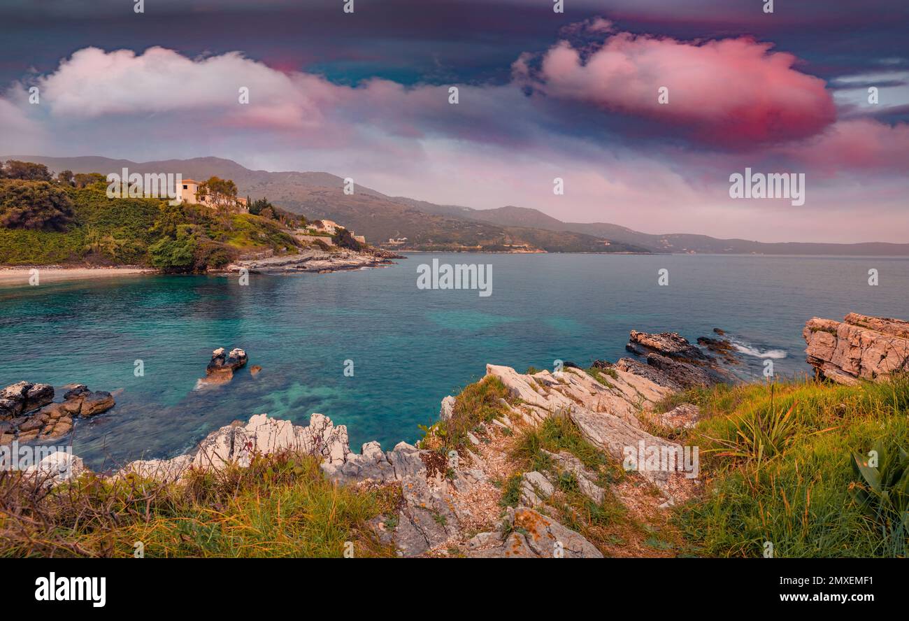 Dramatic marine scenery. Splendid summer sunset on empty Paralia ...