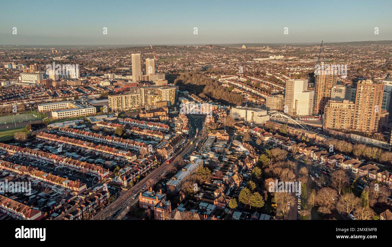 An aerial view of Wembley cityscape on a sunny day, London, England ...