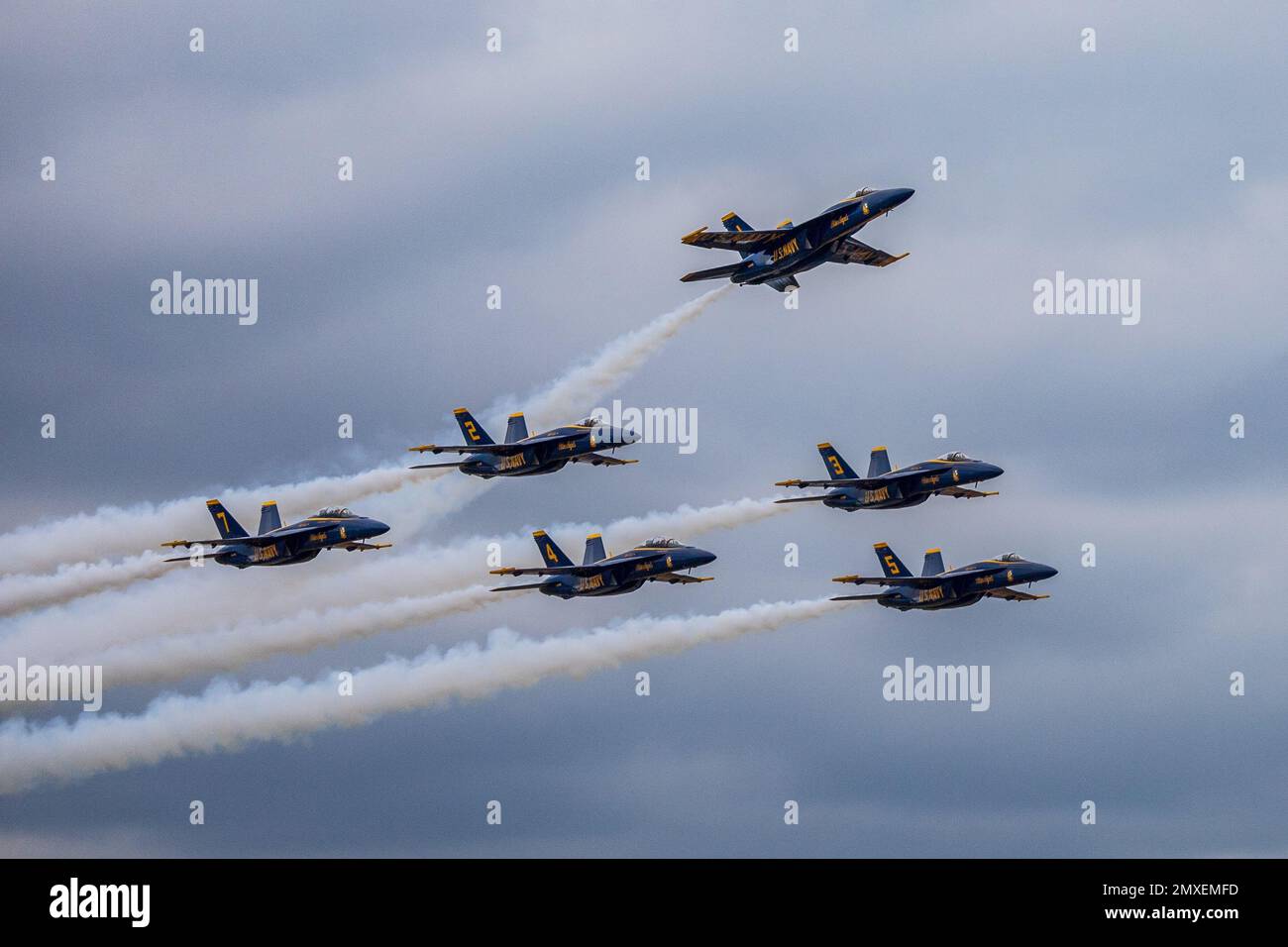 The Blue Angels formation planes flying over Houston against a cloudy ...