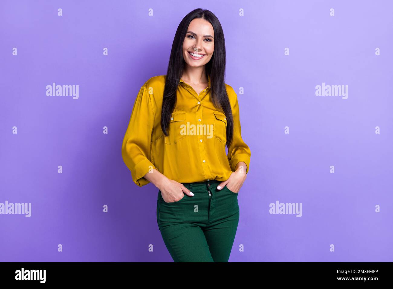 Photo of lovely cheerful nice lady hands in pockets dressed fashionable ...