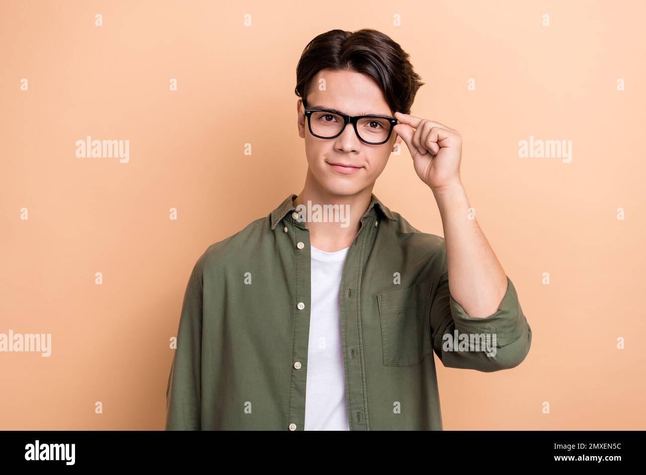 Photo of smart positive person arm touch adjust fixing eyewear isolated ...