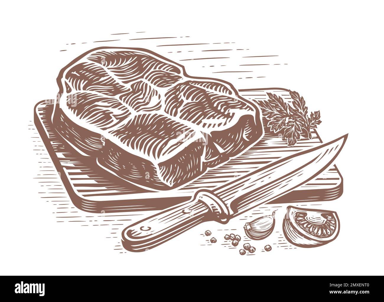 Hand drawn meat steak grilled in vintage engraving style. Roast beef ...