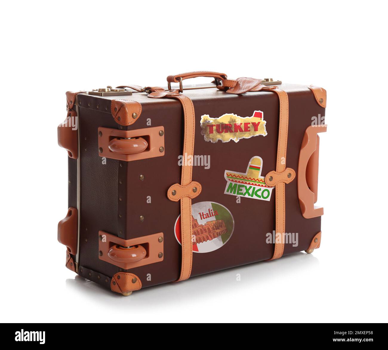 Retro suitcase with travel stickers on white background Stock Photo - Alamy