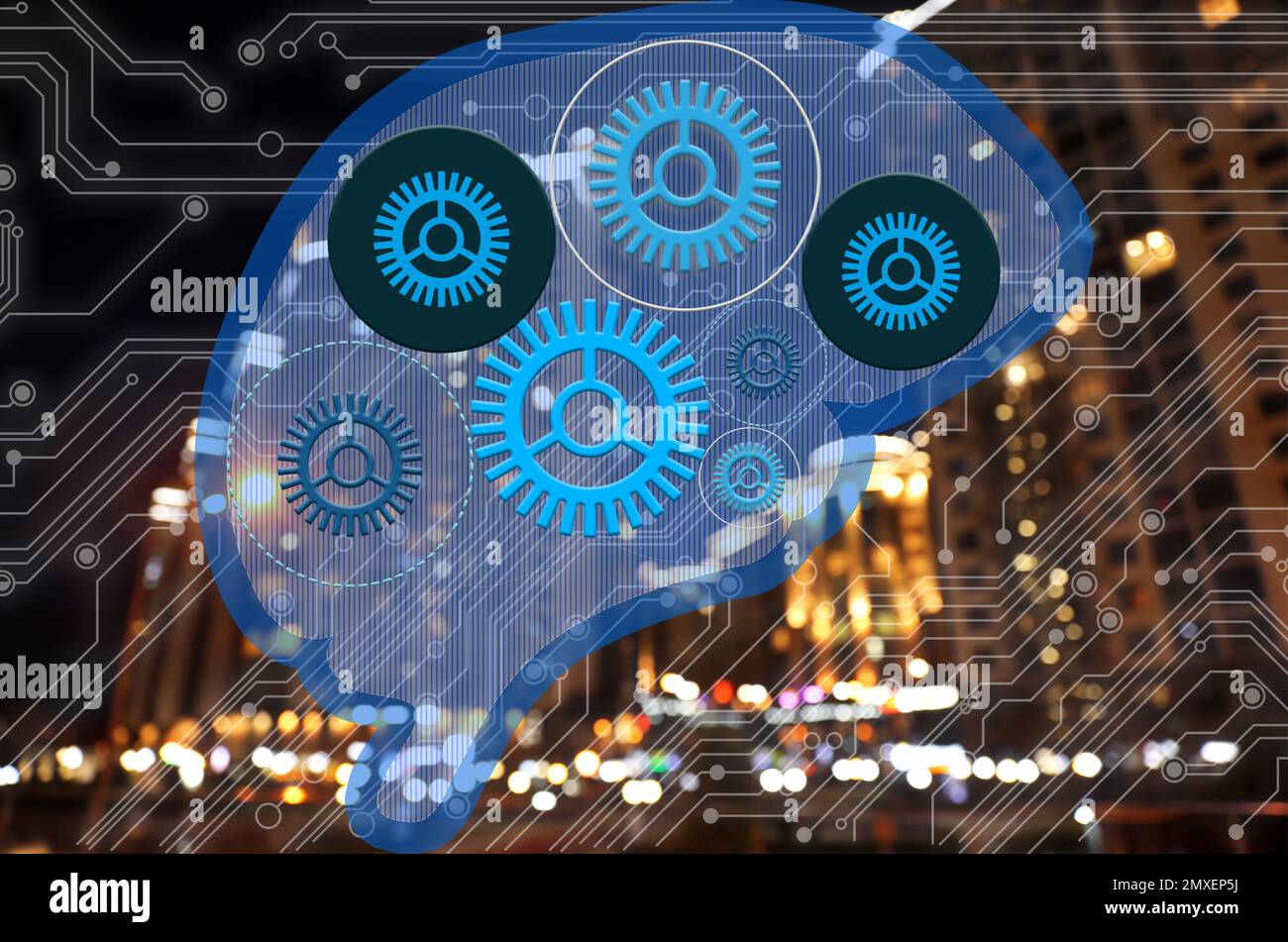 Illustration of brain with circuit board pattern and night cityscape on ...