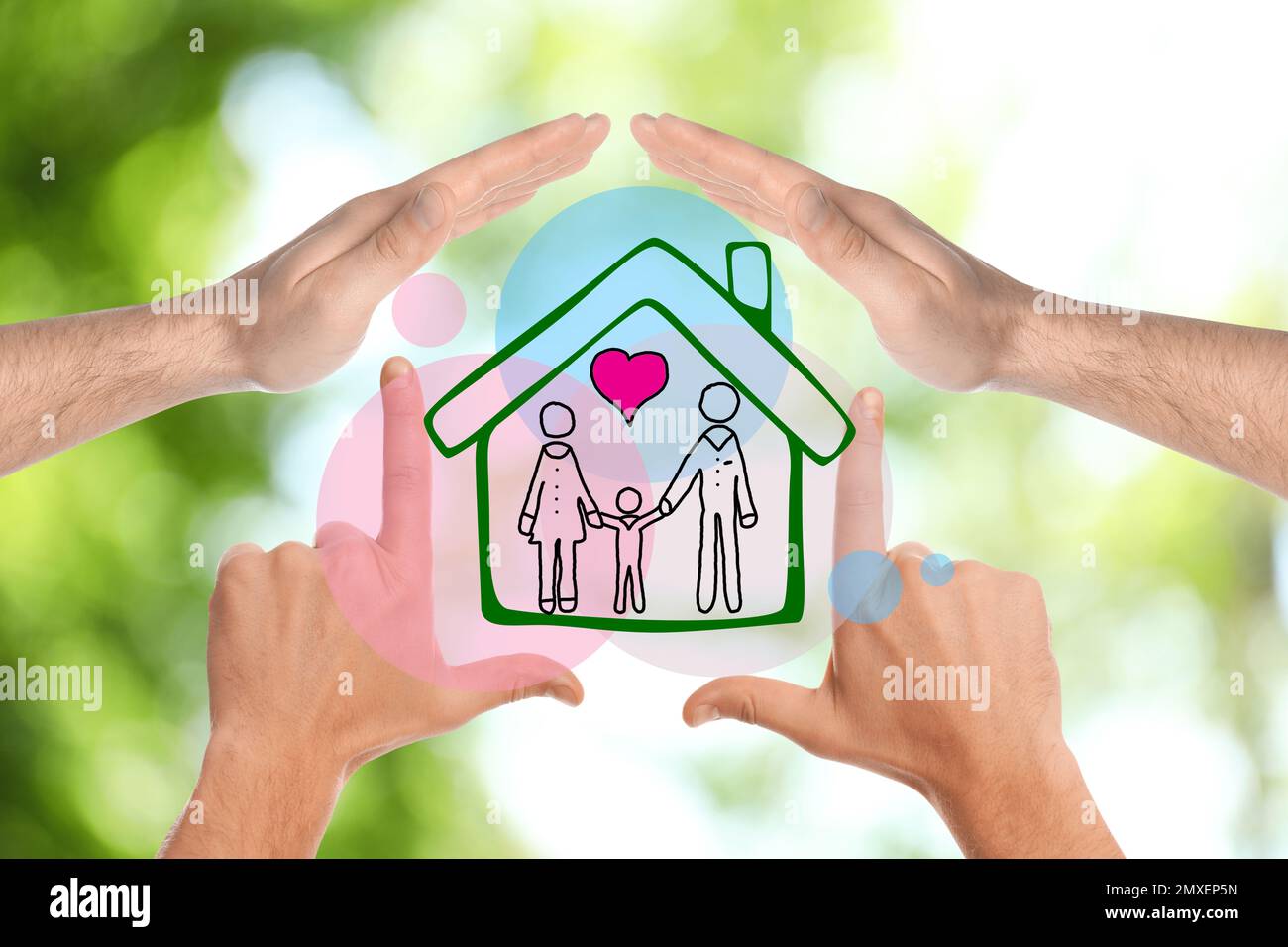People forming house with their hands and illustration of family on ...