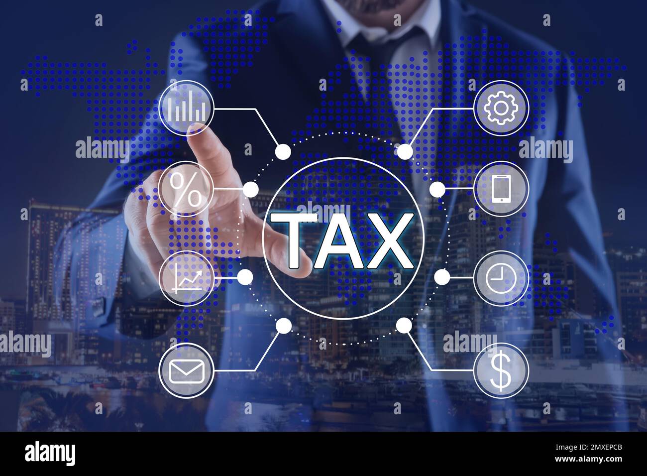 Tax concept. Man using virtual screen, closeup Stock Photo - Alamy
