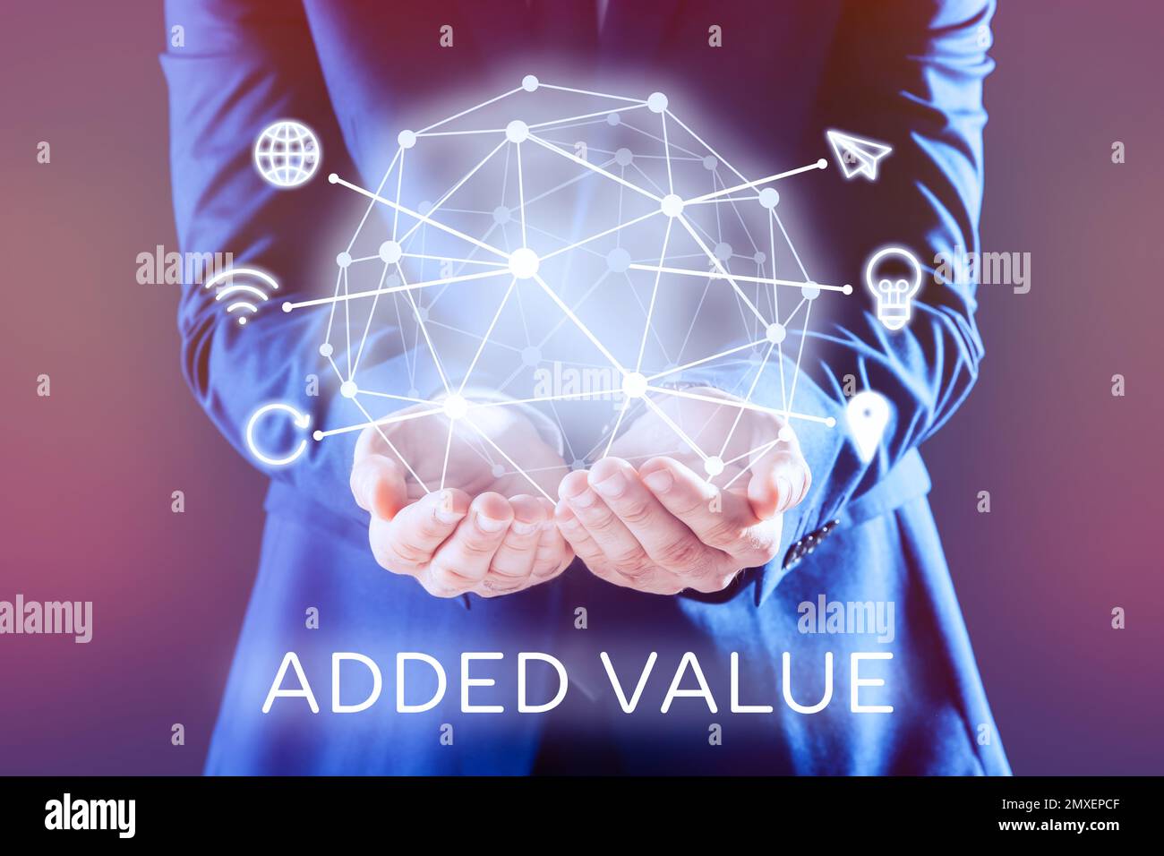 Added values concept. Businessman holding digital globe with icons ...