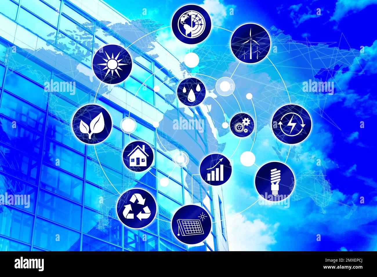 Energy efficiency concept. Scheme with icons, world map and building on ...