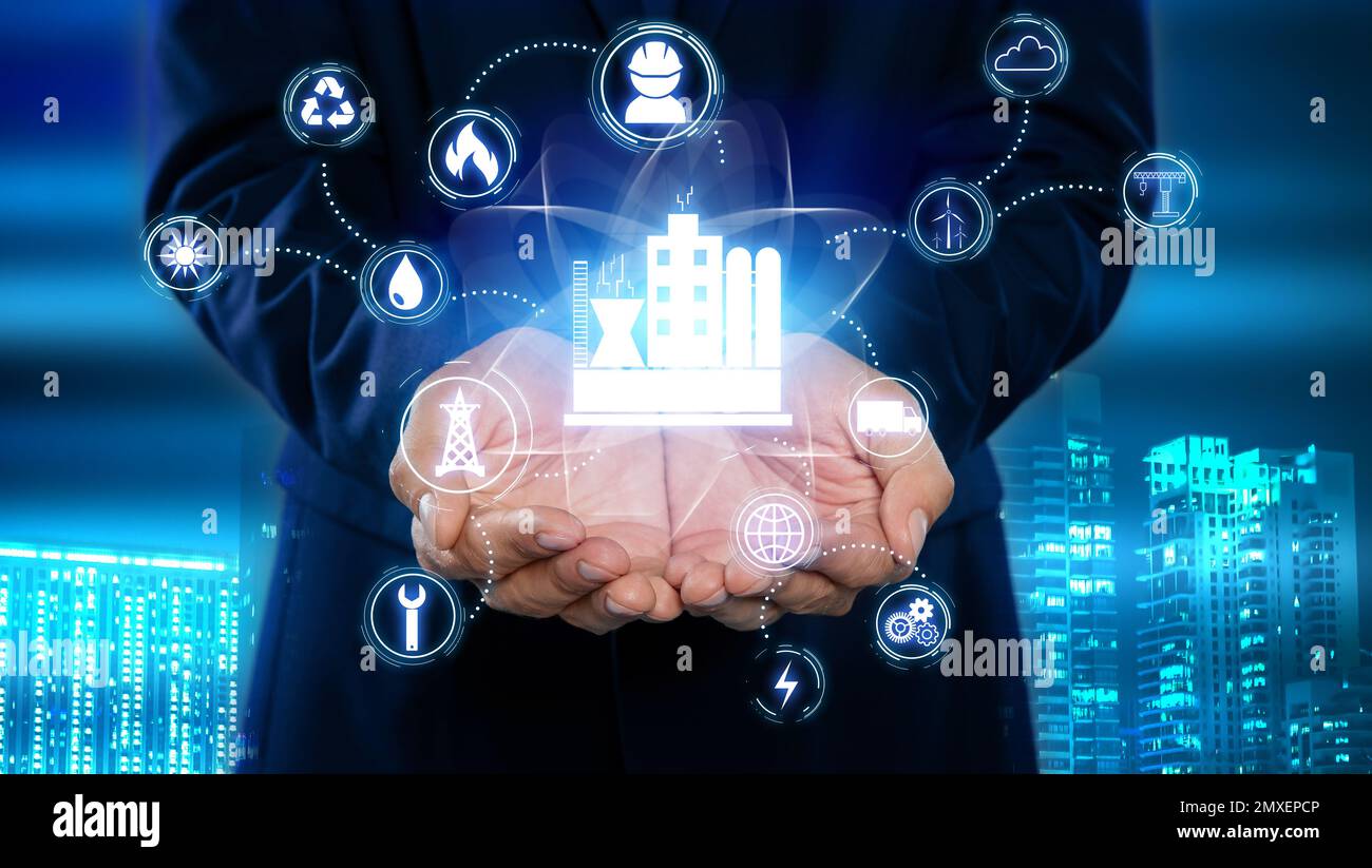 Multiple exposure of male engineer, scheme and night cityscape, closeup ...