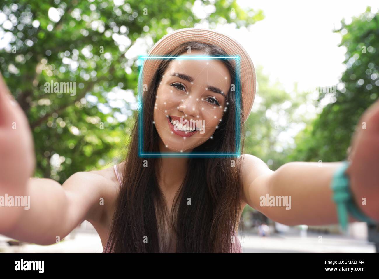Facial recognition system. Woman with scanner frame and digital ...