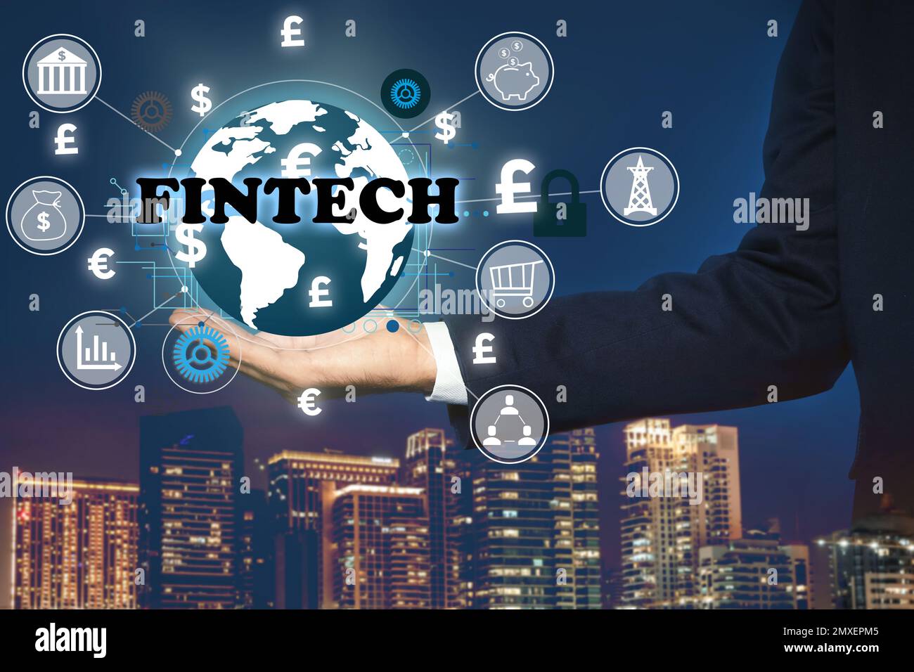 Fintech concept. Man demonstrating world globe and different icons ...
