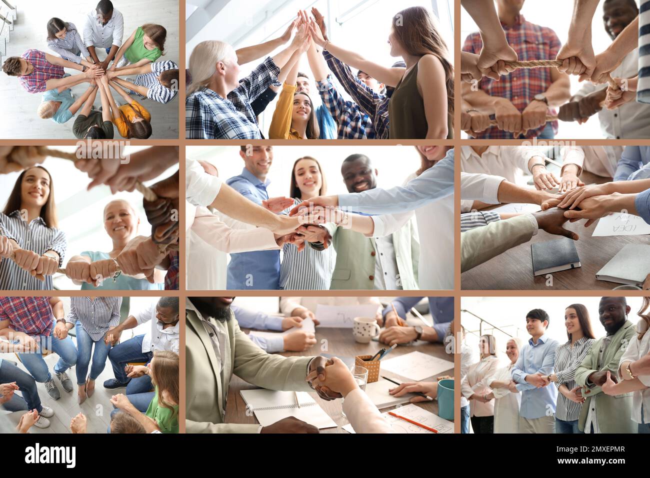 Collage with different photos. Concept of unity and support Stock Photo ...
