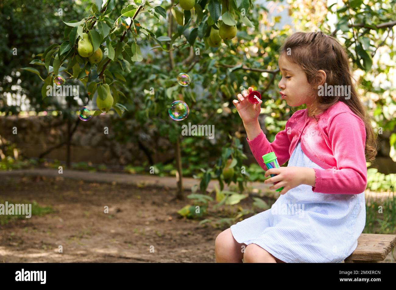 Caucasian charming little girl in summer wear, sitting on a wooden ...