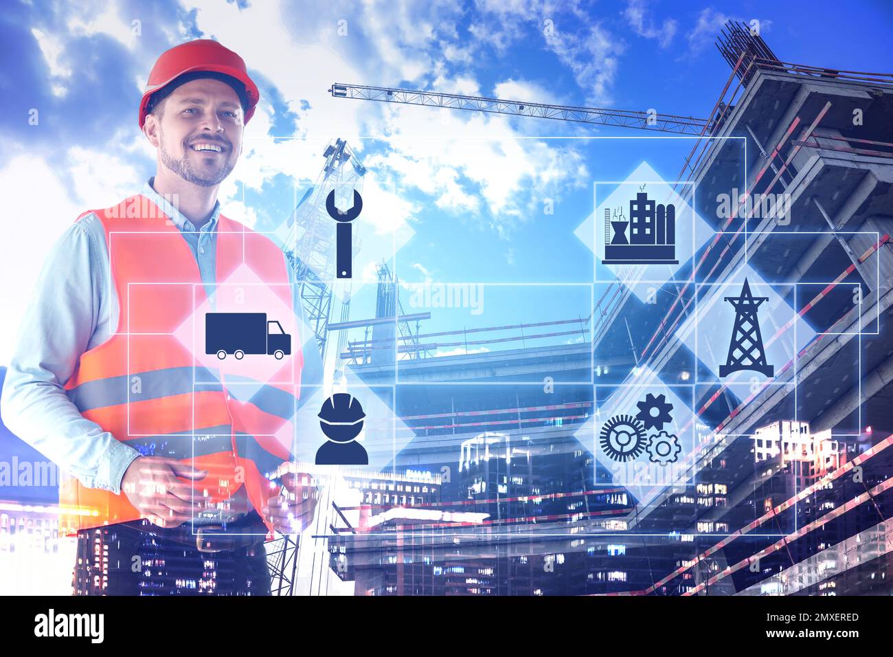 Multiple exposure of male engineer, scheme and unfinished building ...