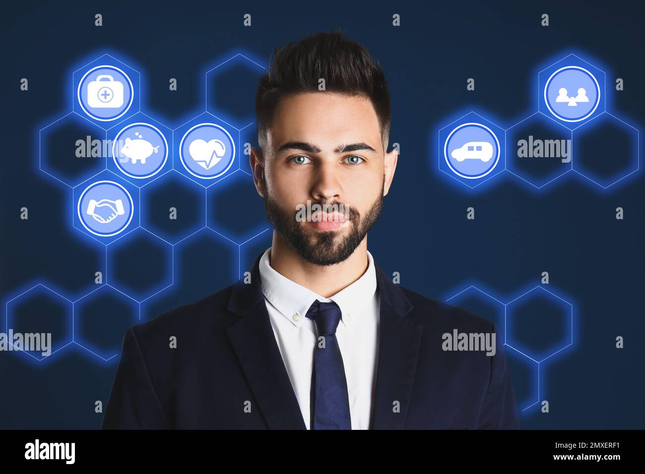 Young man and different icons on dark blue background. Insurance ...