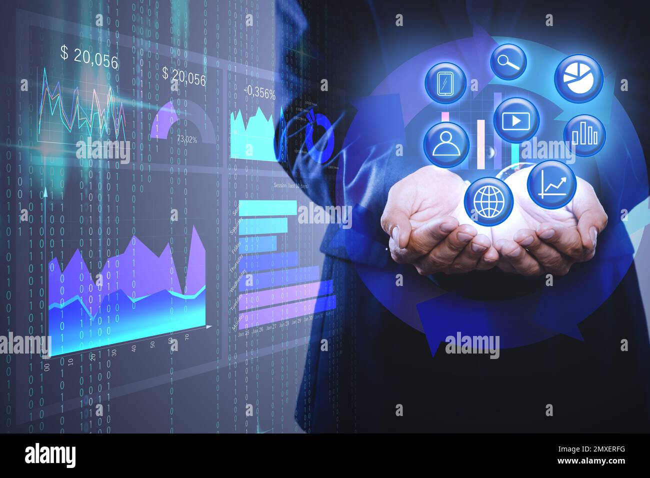 Man demonstrating icons of data management system and digital charts ...