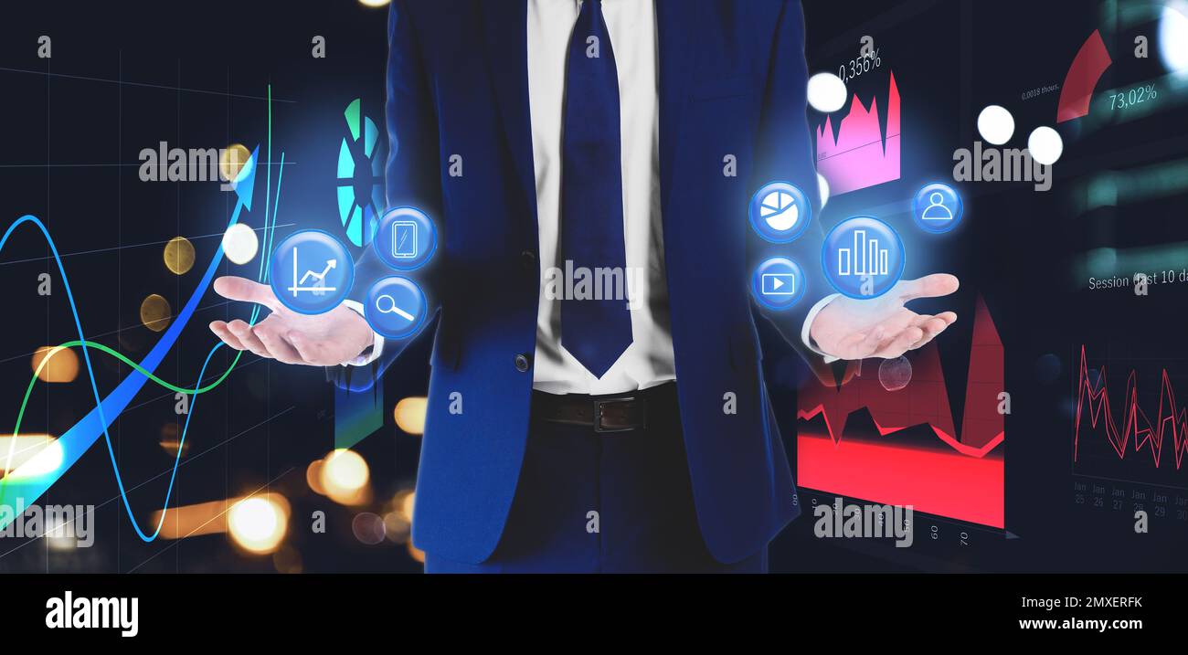 Man demonstrating icons of data management system and digital charts ...