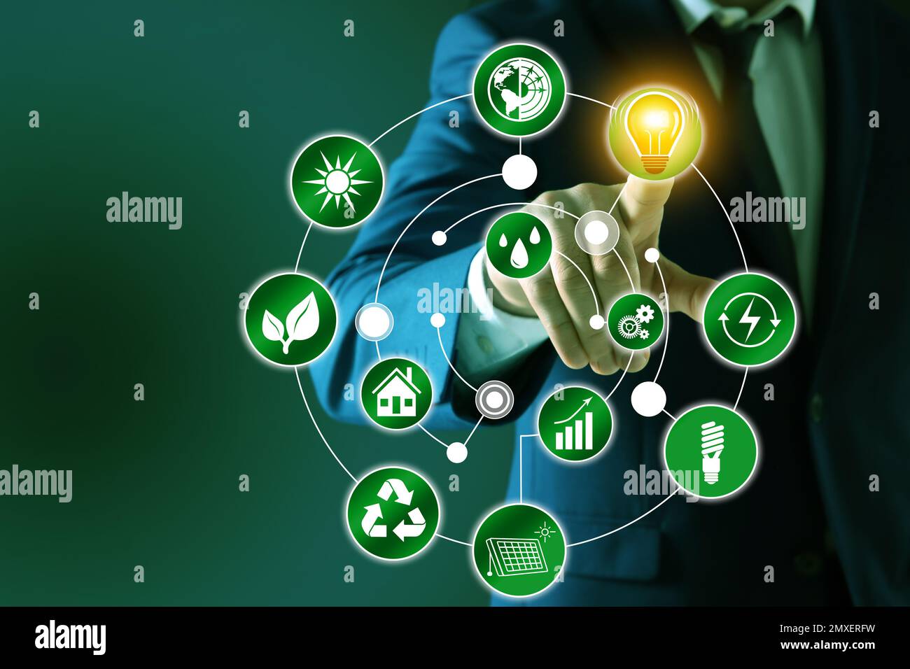 Energy efficiency concept. Man demonstrating scheme with icons, closeup ...