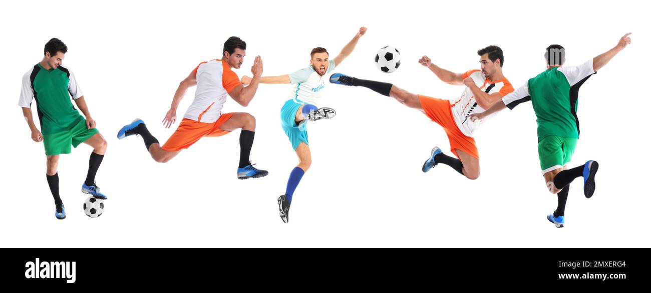 Collage with photos of young men playing football on white background ...