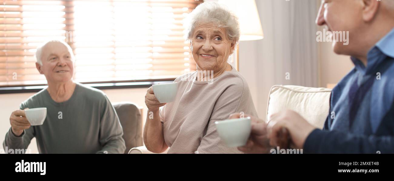 Elderly people spending time in geriatric hospice, banner design ...