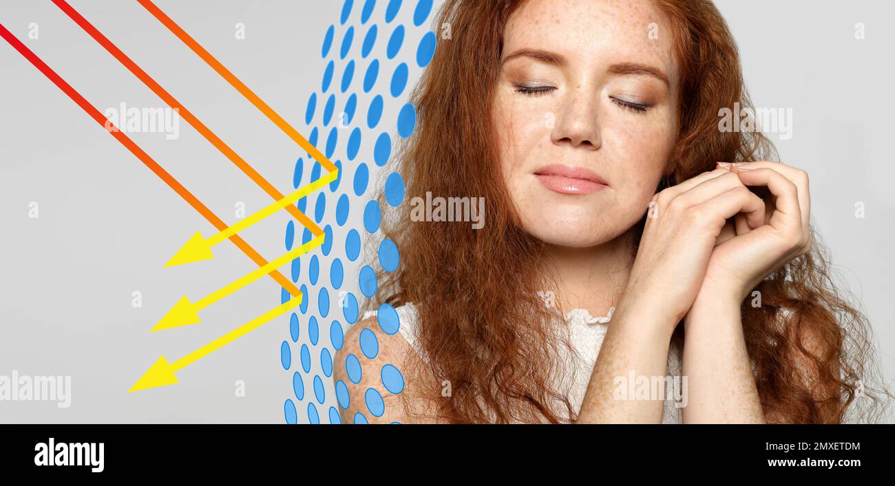 Illustration of sun protection layer and beautiful young woman with ...