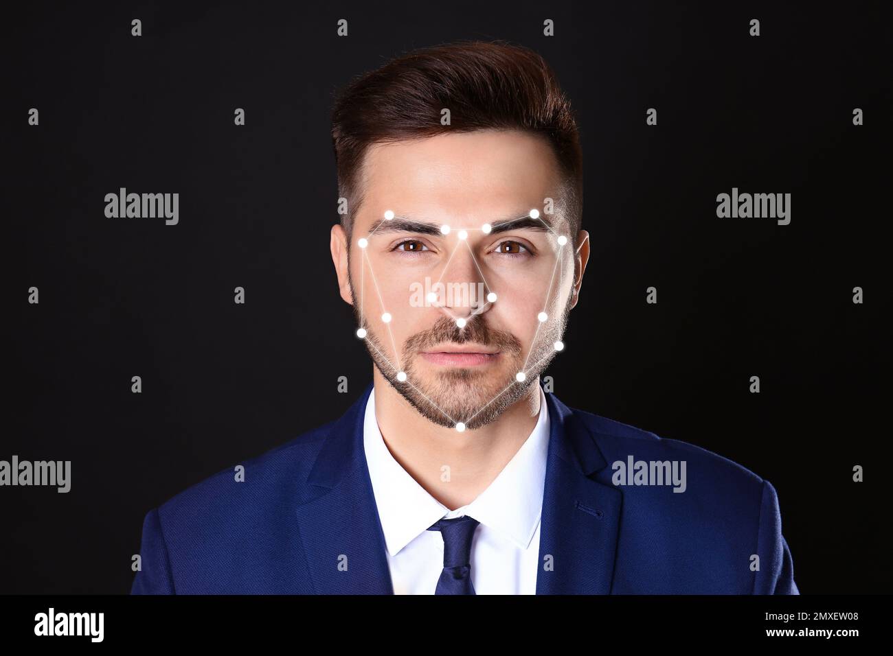 Facial recognition system. Businessman with digital biometric grid on ...