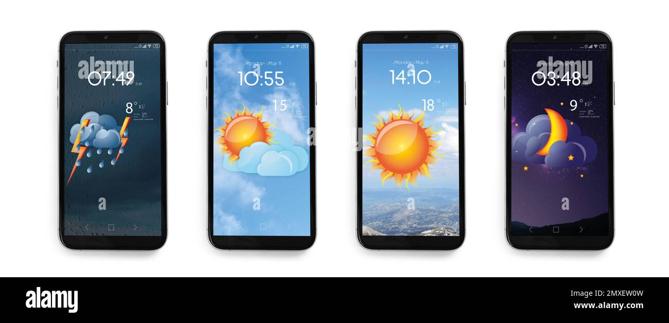 Set of smartphones with open weather forecast app on white background ...