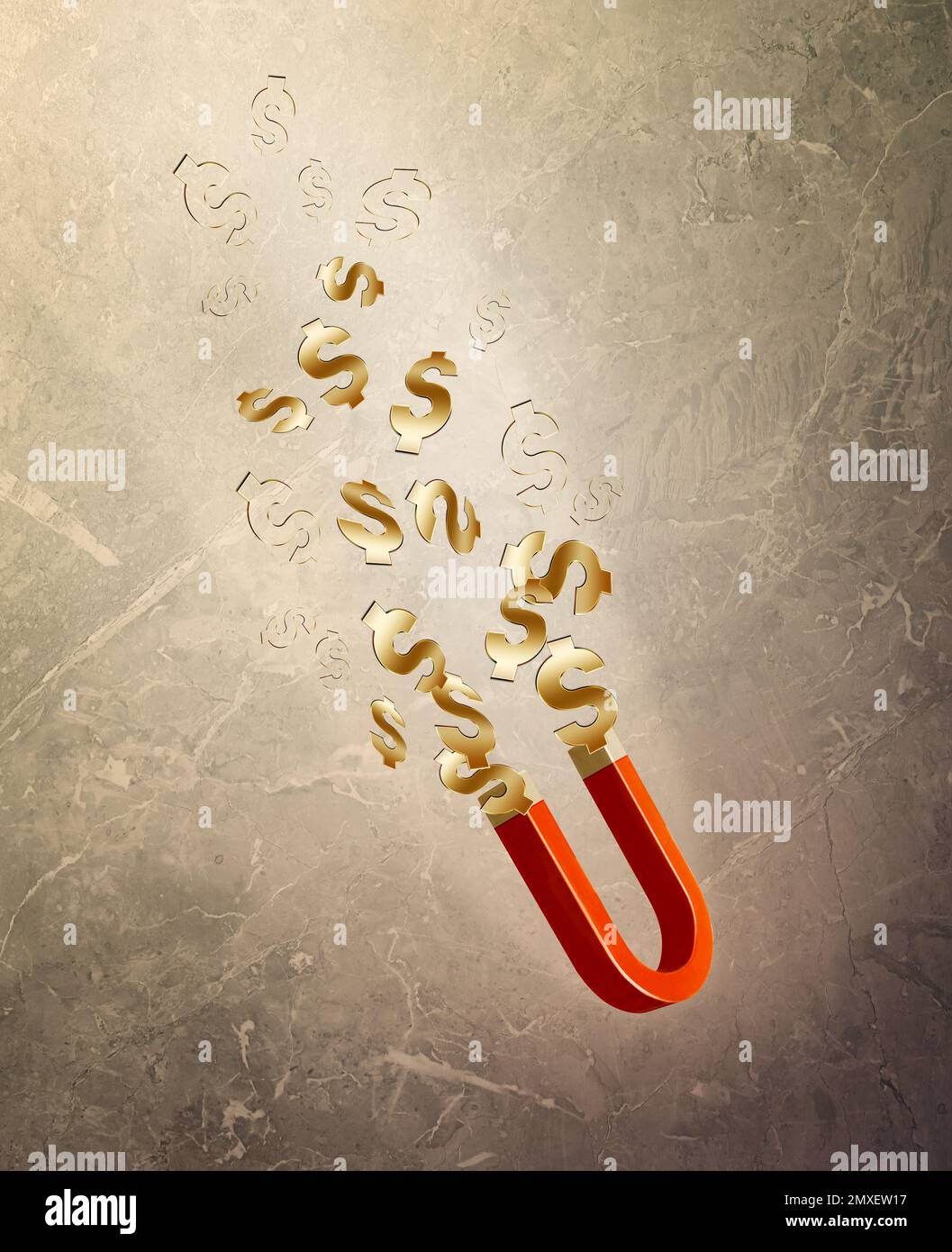 Red horseshoe magnet attracting golden dollar signs on white background ...