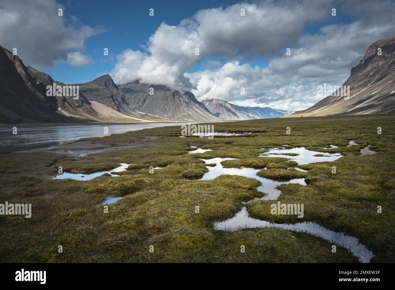 Beautiful landscape of Water front view of mountains on Akshayuk Pass ...