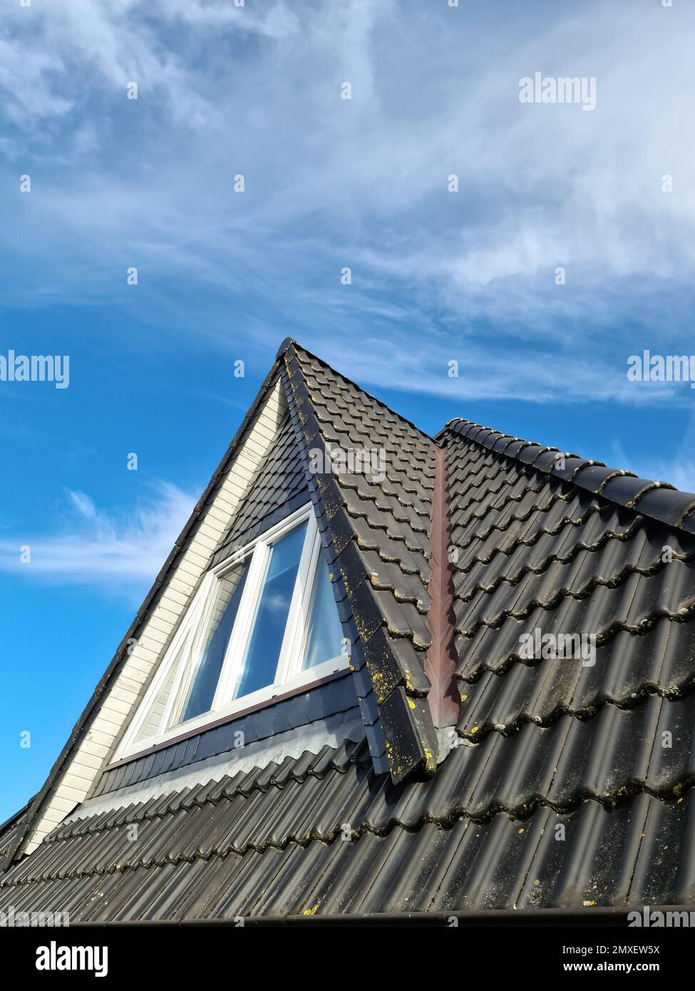 Open roof window in velux style with black roof tiles Stock Photo - Alamy
