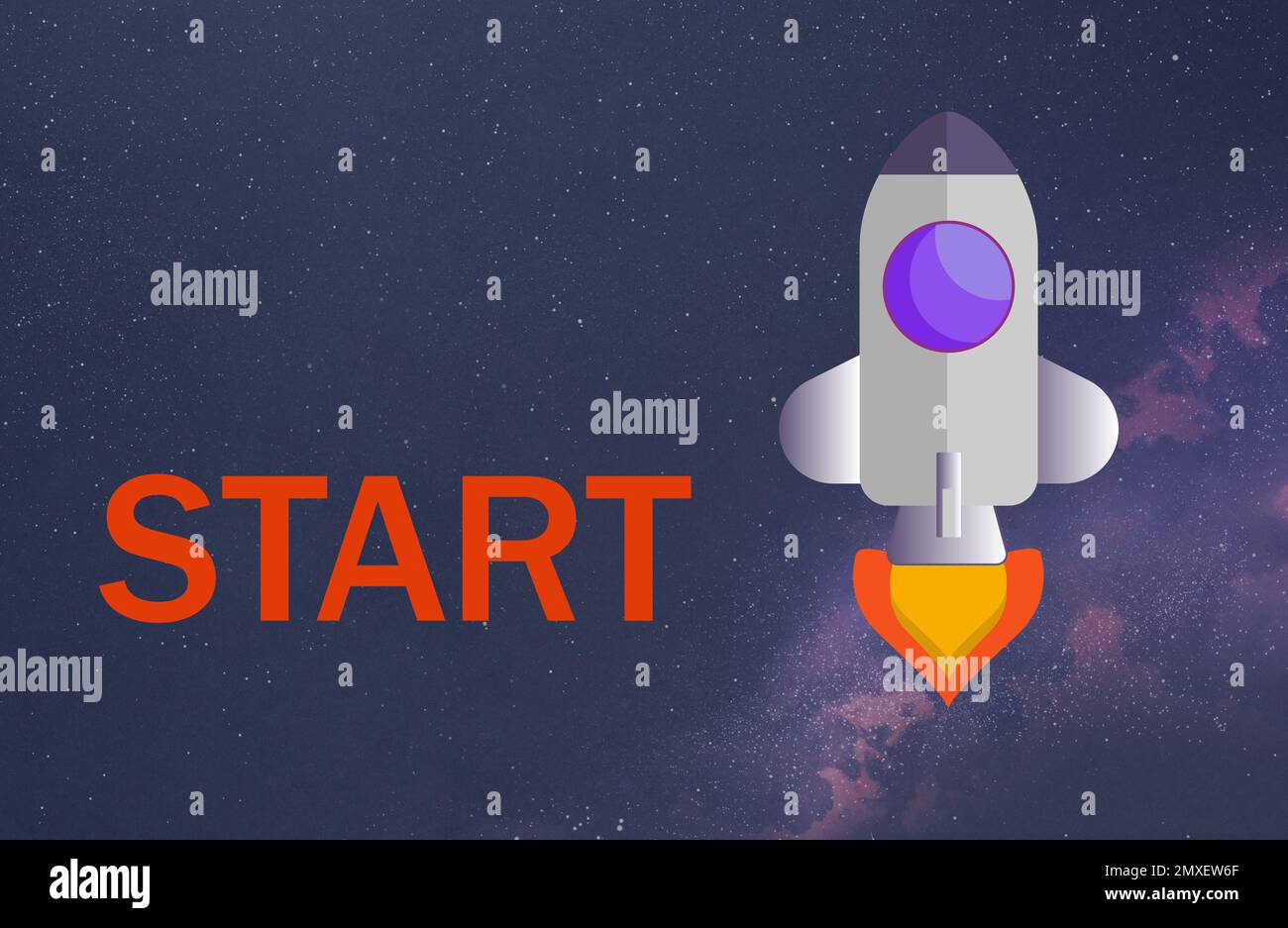 Illustration of rocket and word START on dark background Stock Photo ...