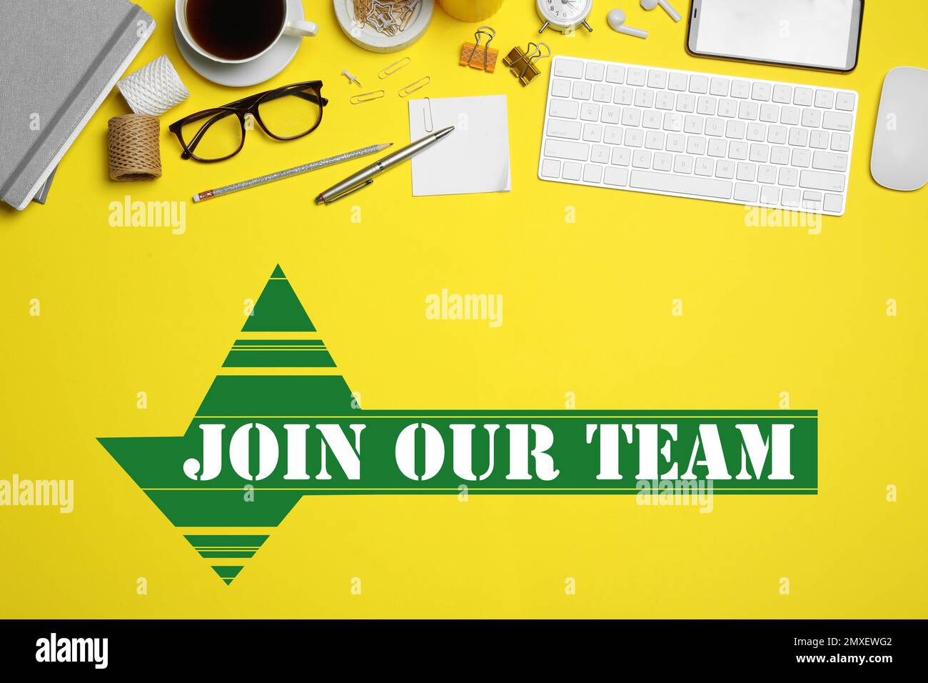 Join our team. Top view of workplace with stationery and text Stock ...