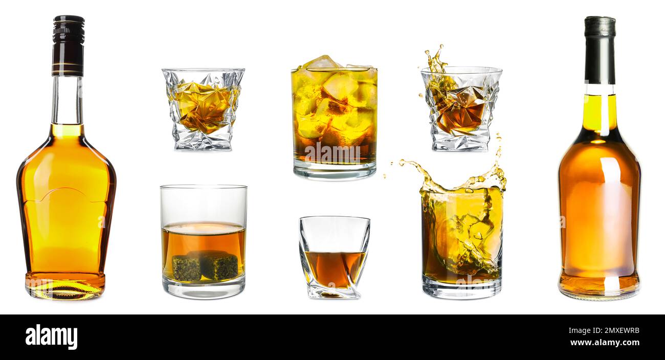 Collage with bottles and glasses of whiskey on white background. Banner ...