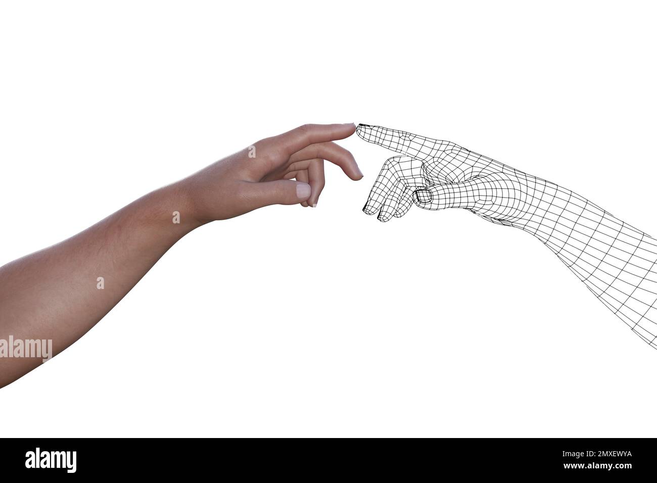 man's hand and hand wireframe touching with index fingers on a white ...