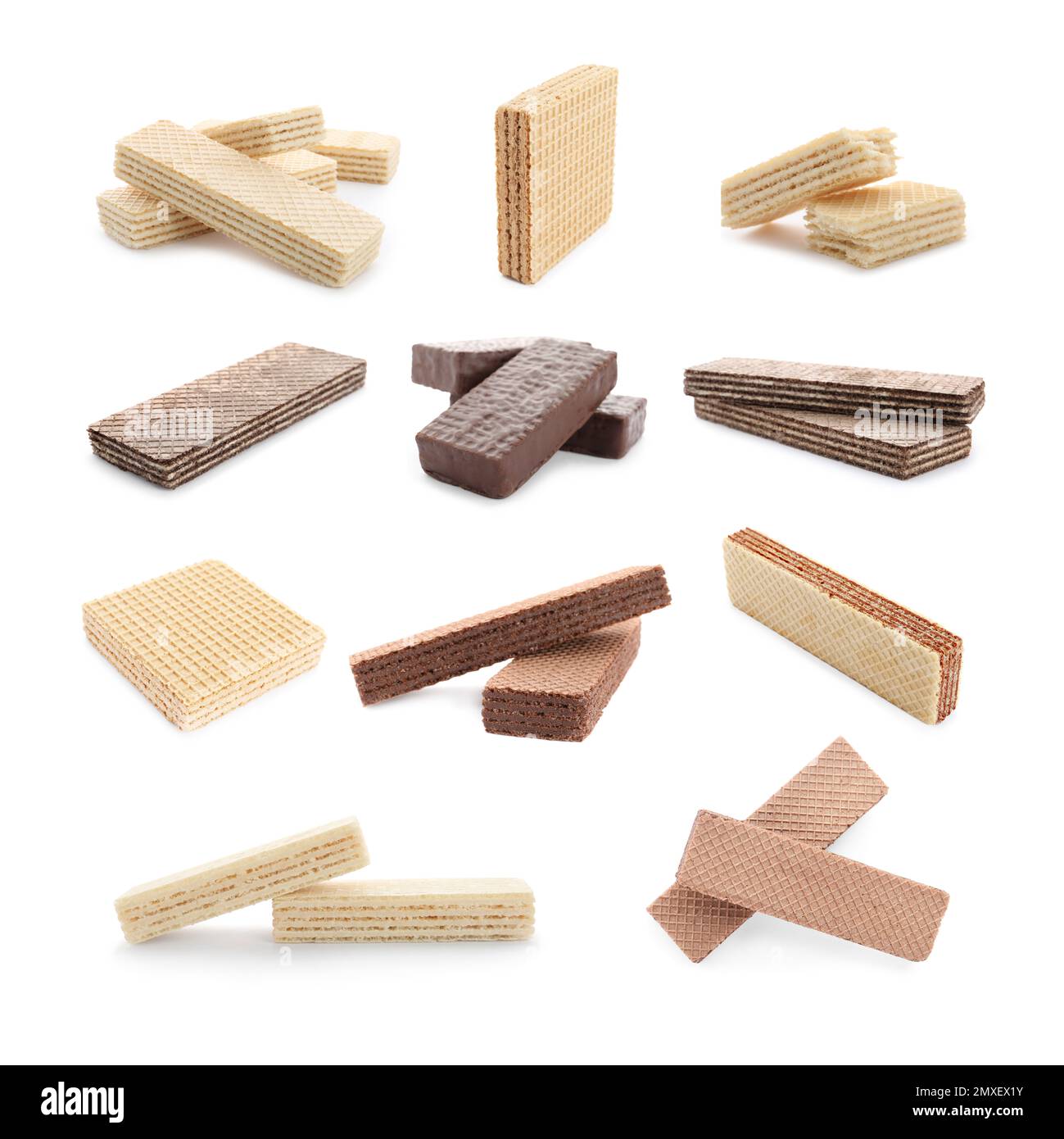 Set of different delicious crispy wafers on white background. Sweet ...