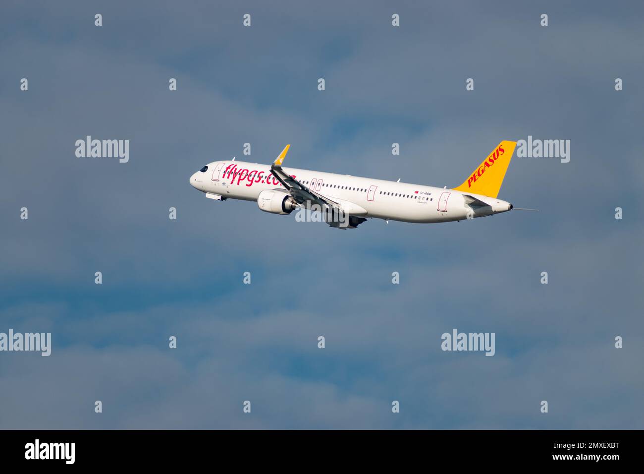Zurich, Switzerland, January 20, 2023 Pegasus airlines Airbus A321-271NX Neo takeoff from runway ...