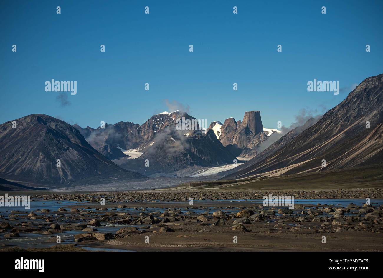 Beautiful landscape of Water front view of mountains on Akshayuk Pass ...