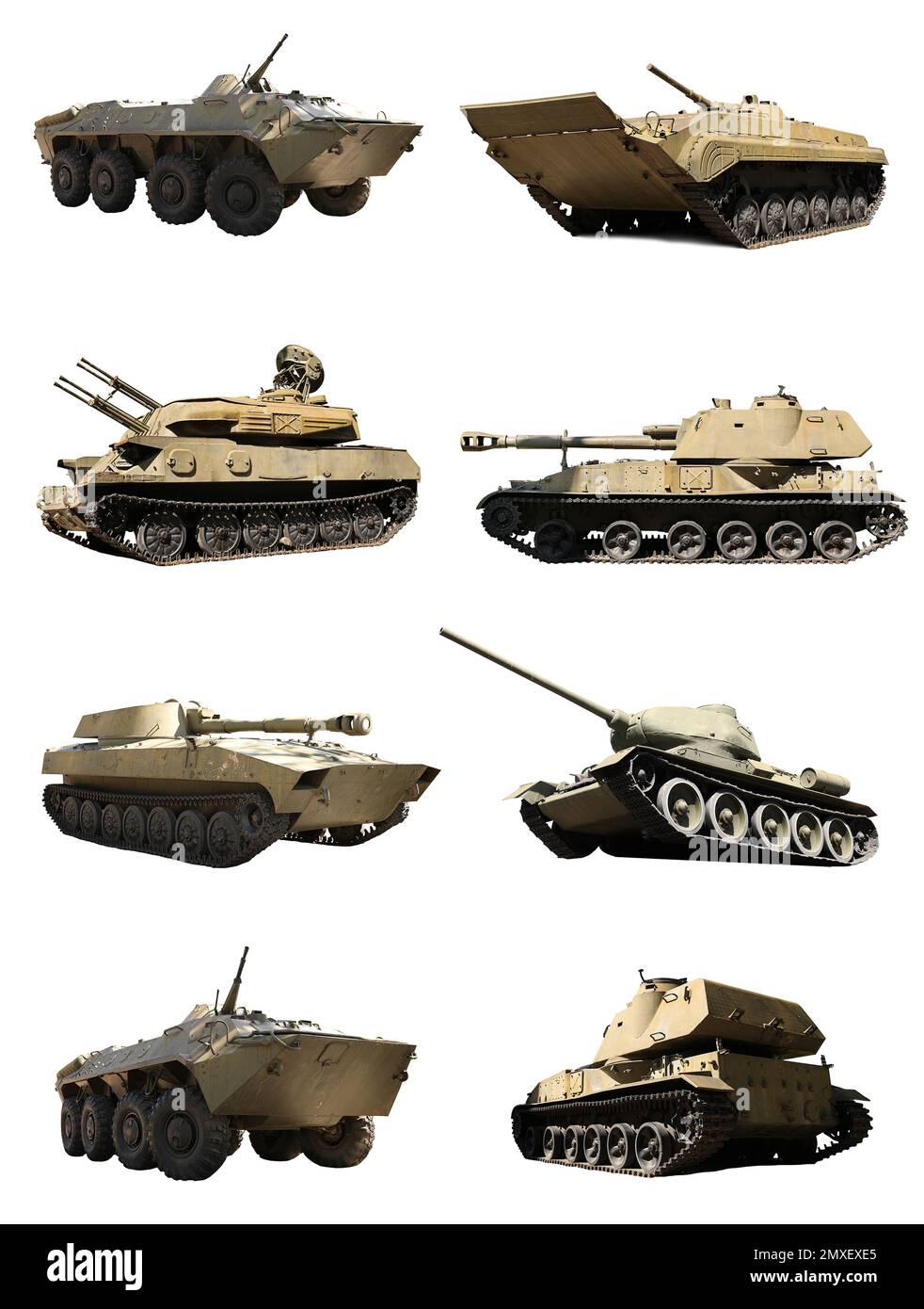 Set of different military machinery on white background Stock Photo - Alamy