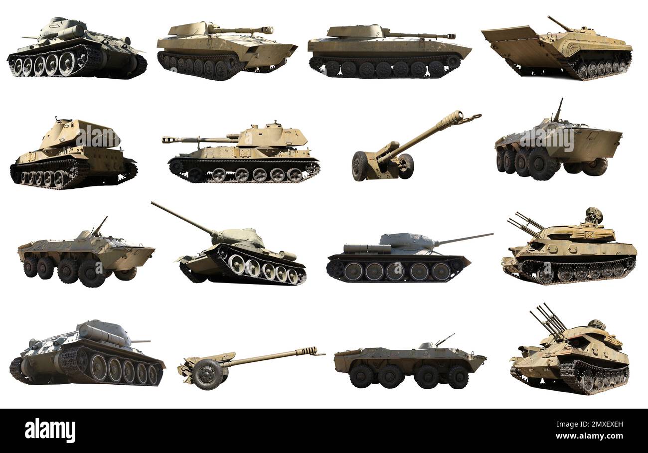 Set of different military machinery on white background Stock Photo - Alamy