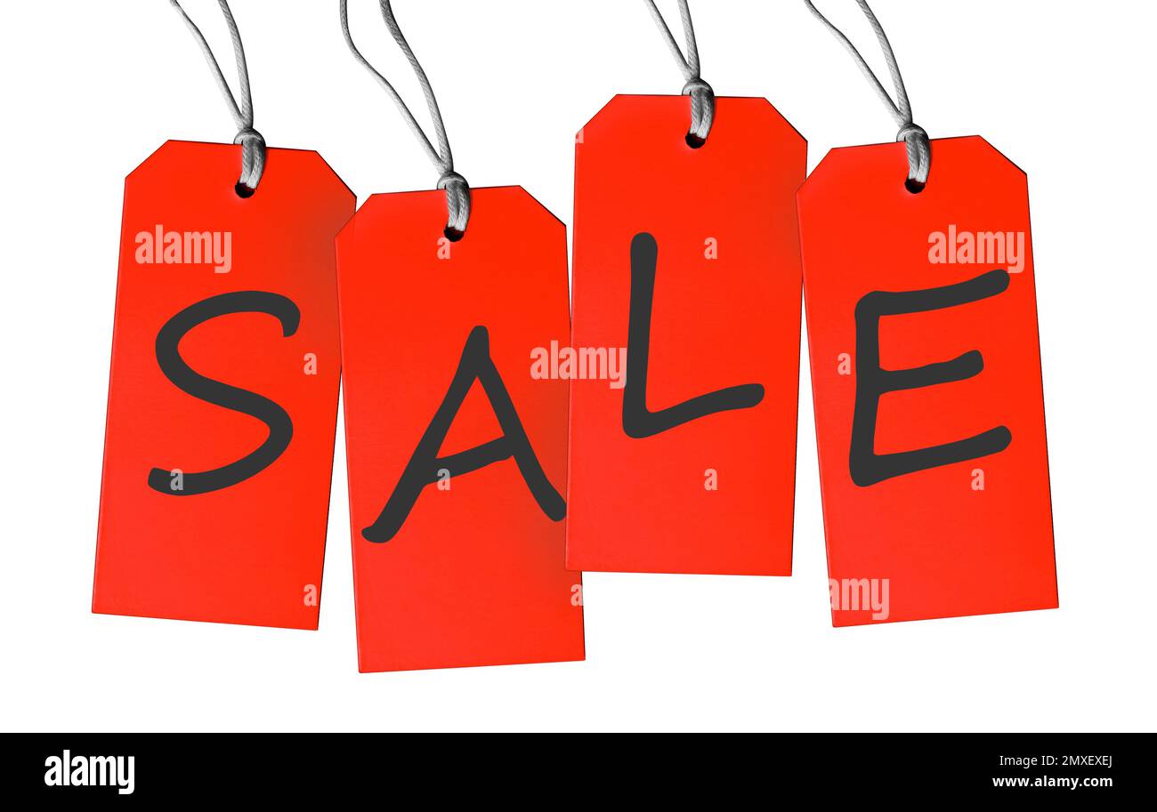 Cardboard tags with word SALE on white background Stock Photo - Alamy