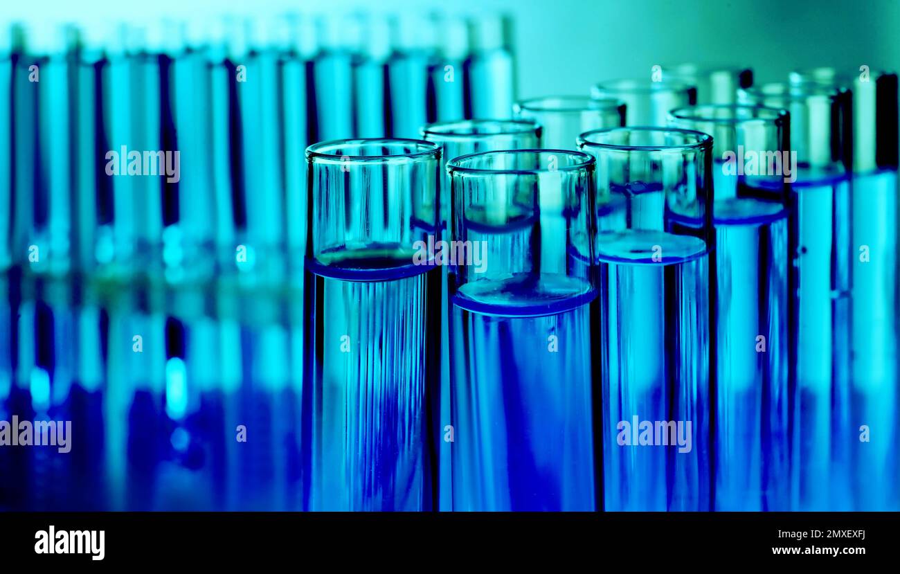 Test tubes with liquid against blurred background, closeup. Laboratory ...