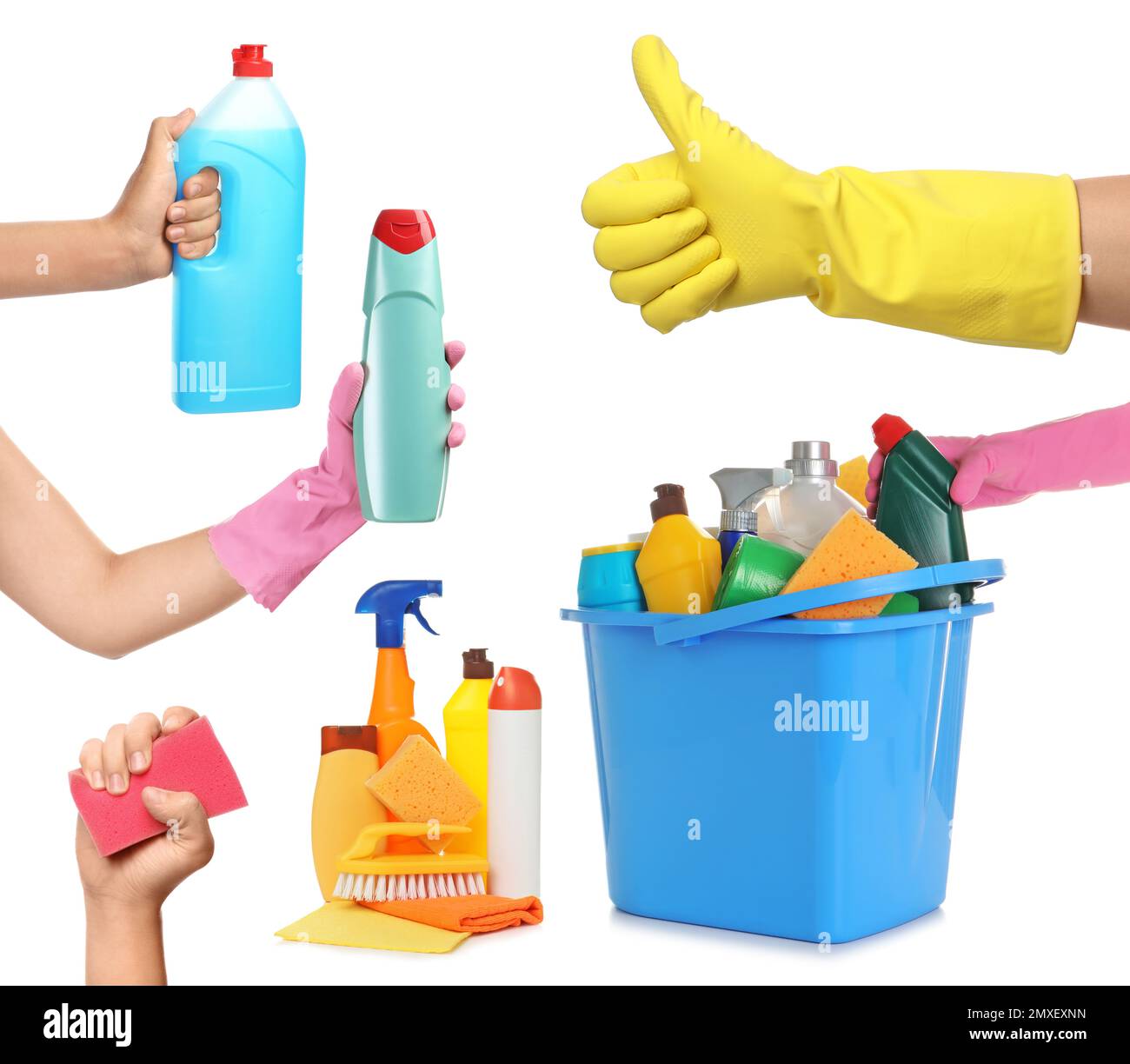 Collage with photos of people holding cleaning supplies on white ...