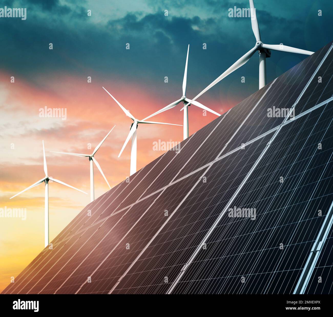 Solar panels and wind turbines installed outdoors. Alternative energy ...