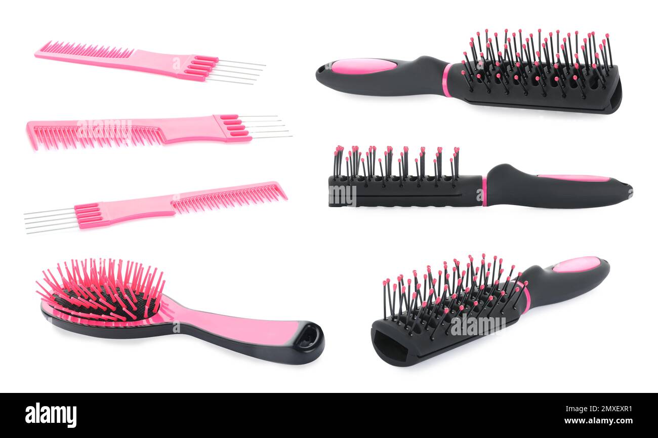 Set with different hair brushes and combs on white background Stock ...