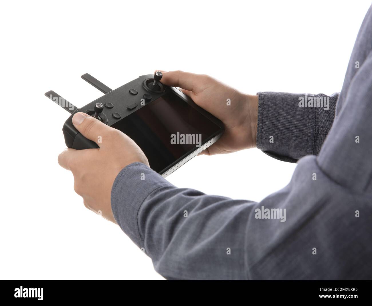 Man holding new modern drone controller on white background, closeup of ...