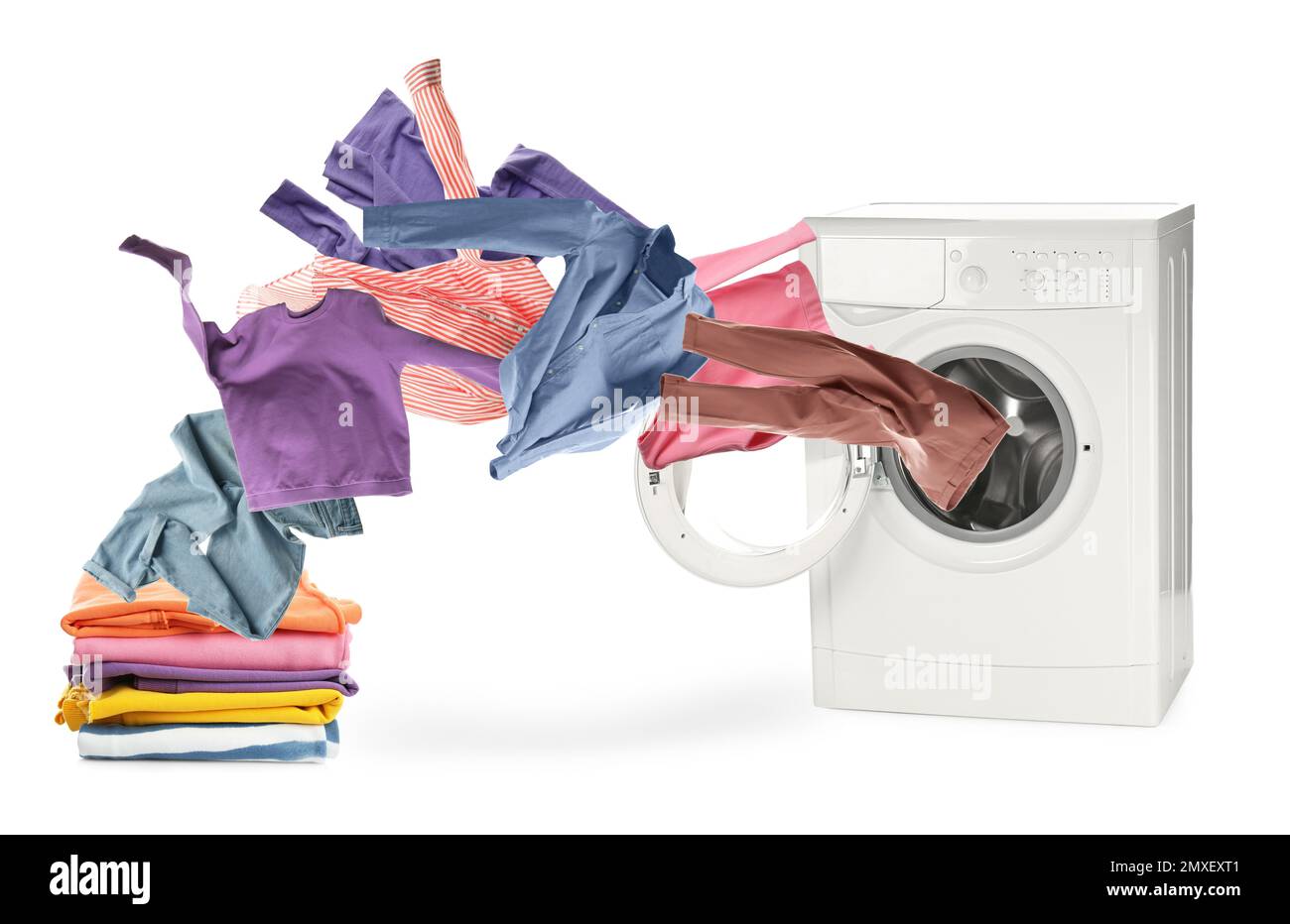 Washing machine and flying clothes on white background Stock Photo - Alamy