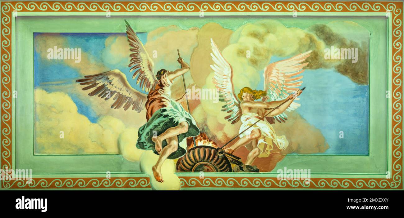 BARI, ITALY - MARCH 5, 2022: The symbolic fresco of angels at the fire ...